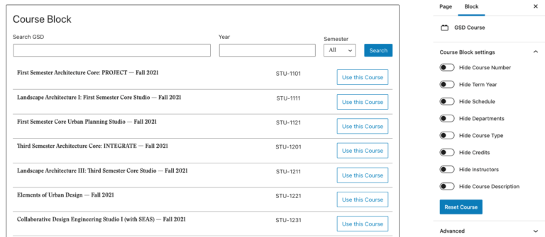 1.8 GSD Courses Block - Harvard GSD Site Builder