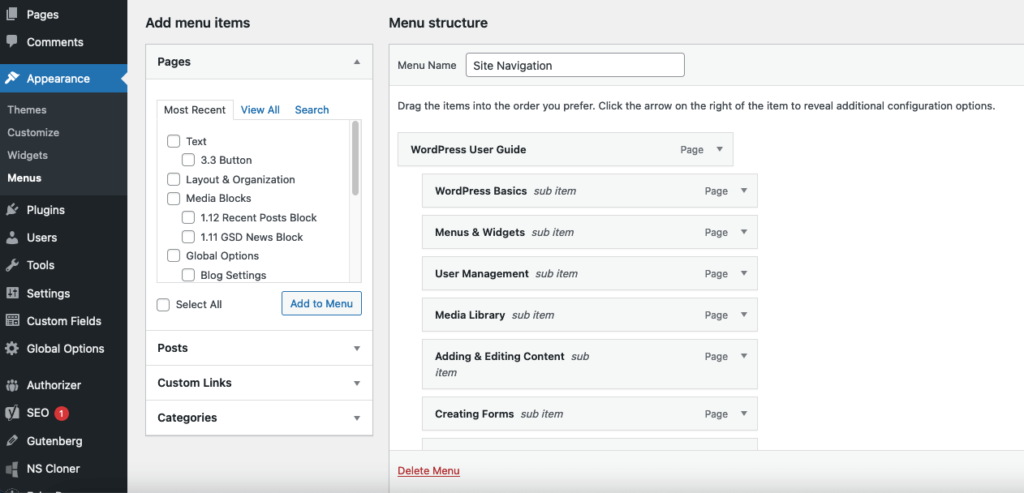 Menus & Widgets - Harvard GSD Site Builder